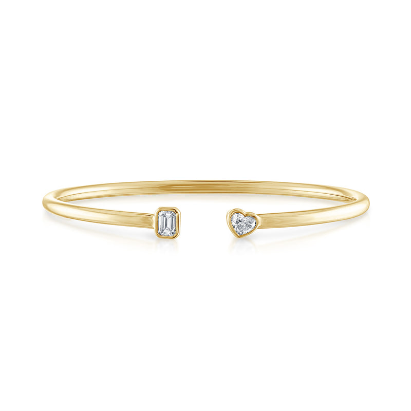 Fancy Bezel Flexible Open Cuff with Bezel Set Emerald and Heart